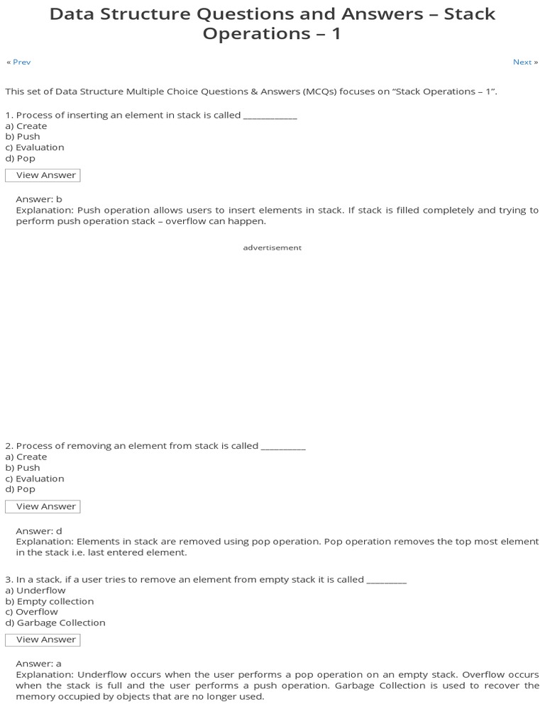 Data Structure Questions and Answers – Stack Operations – 1: This Set of Multiple Choice ...