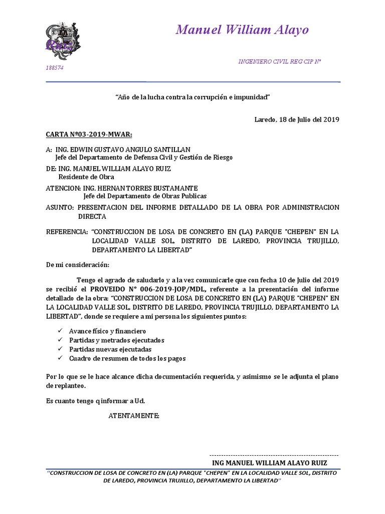 Carta 003 Presentacion Del Informe Detallado | PDF