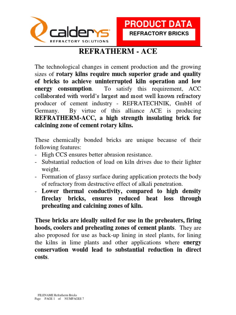 Product Data: Refratherm - Ace | PDF | Brick | Refractory