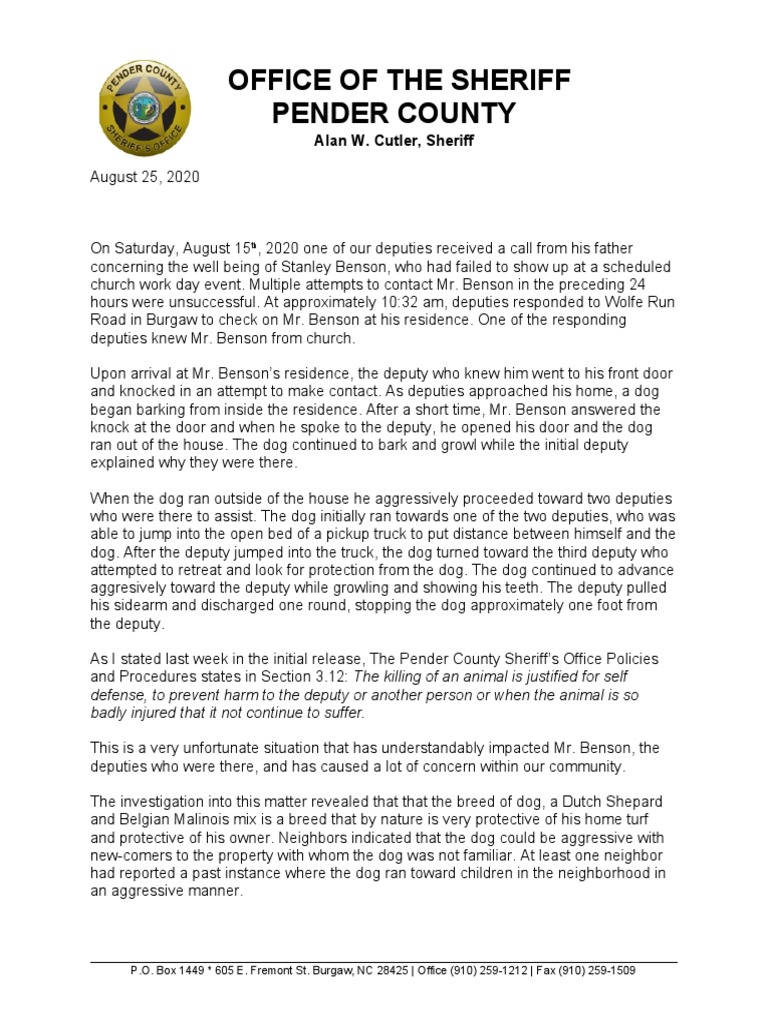 Pender Sheriff Release Aug. 25 2020 | PDF | Dogs | Violence