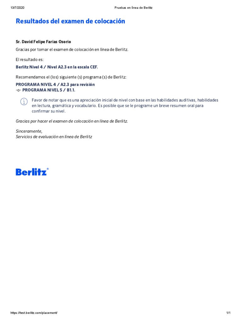 Pruebas en Línea de Berlitz PDF | PDF