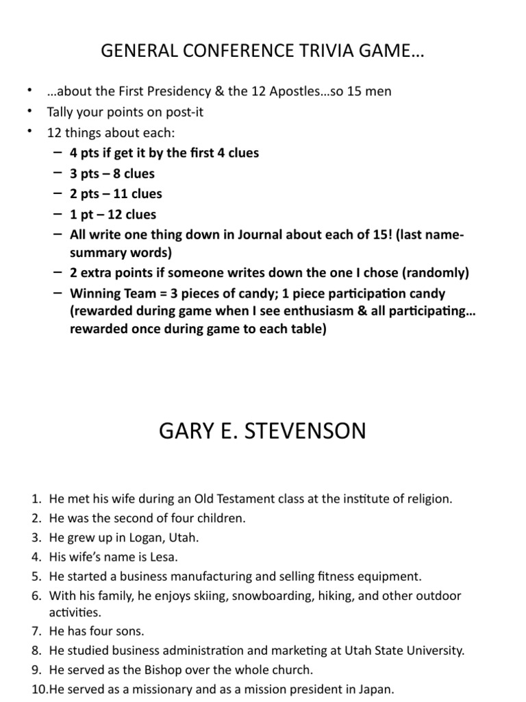 General Conference Trivia Game | PDF | Latter Day Saint Doctrines ...