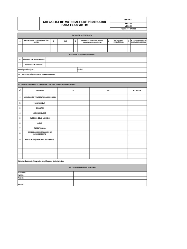 Formato CHECK LIST DE MATERIALES COVID - 19 | PDF