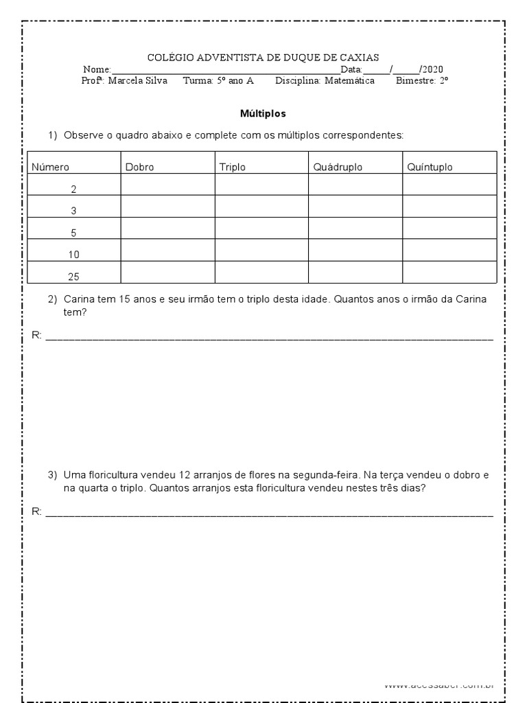 Atividade de Matemática Dia 25-05 | PDF