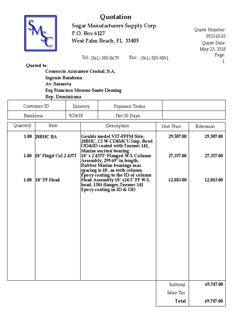 Quotation: Sugar Manufacturers Supply Corp. P.O. Box 6127 West Palm ...