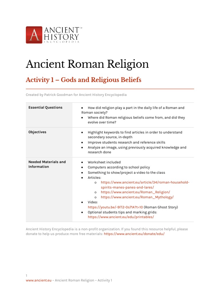 Ancient Roman Religion: Activity 1 - Gods and Religious Beliefs | PDF ...