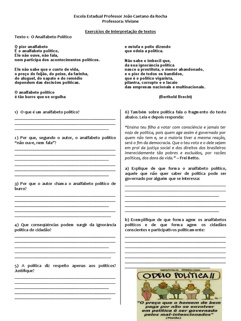 Interpretacao de Textos O Analfabeto Politico | PDF | Alfabetização ...