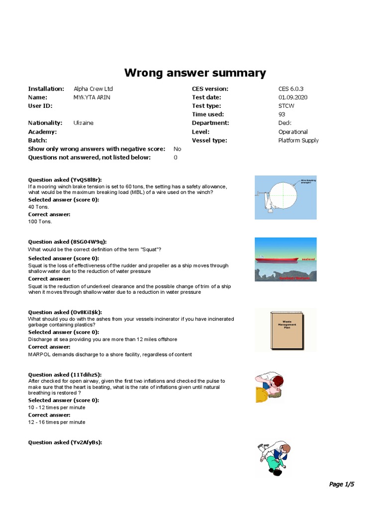 Wrong Answer Summary for STCW Test | PDF | Water Transport | Transport