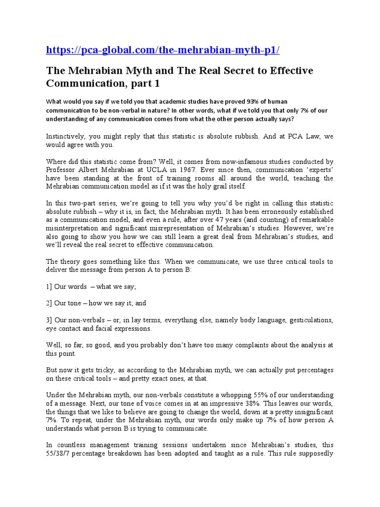 The Mehrabian Myth and The Real Secret To Effective Communication, Part 1 | PDF | Nonverbal ...