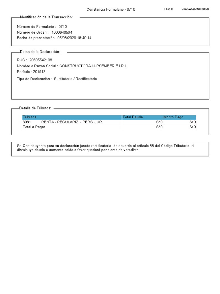 Constancia de Presentación PDT | PDF