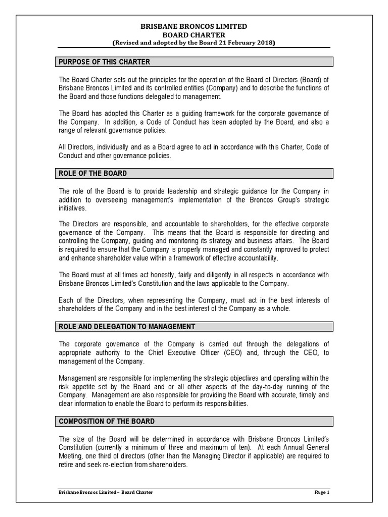 Brisbane Broncos Limited Board Charter: (Revised and Adopted by The ...