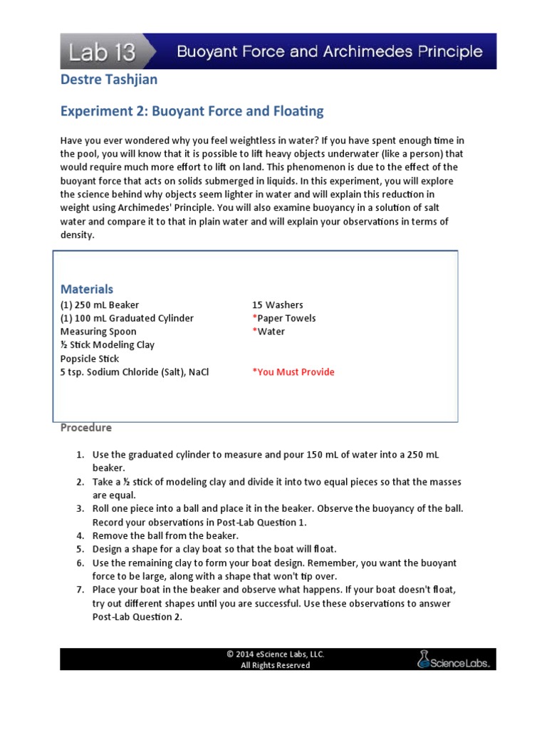 Destre Tashjian Experiment 2: Buoyant Force and Floating: Materials ...