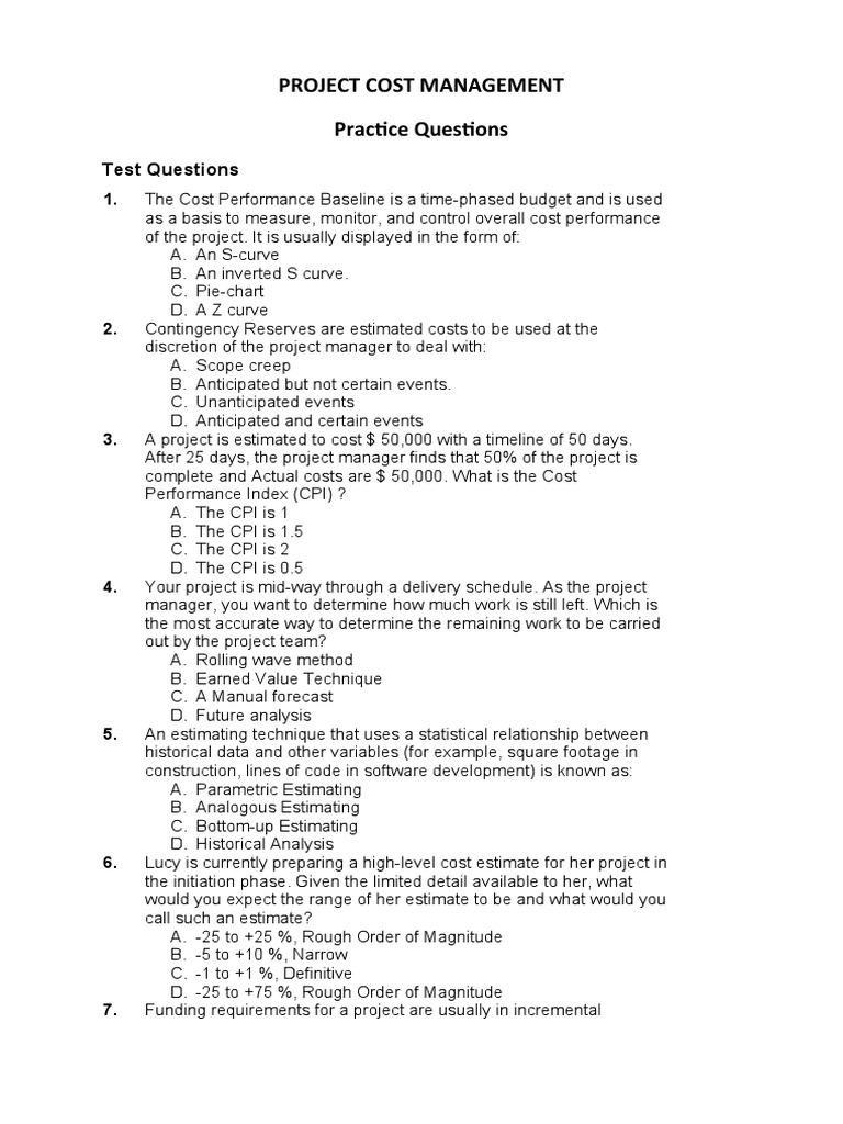 Project Cost Management Practice Questions | PDF | Consumer Price Index ...