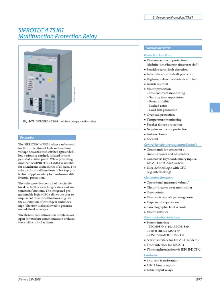 Siprotec 4 7Sj61 Multifunction Protection Relay: Function Overview ...