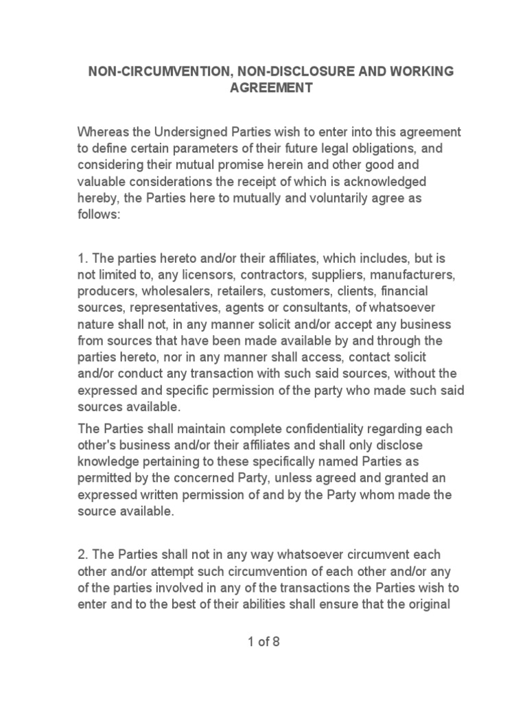 Non-Circumvention, Non-Disclosure and Working Agreement | PDF ...