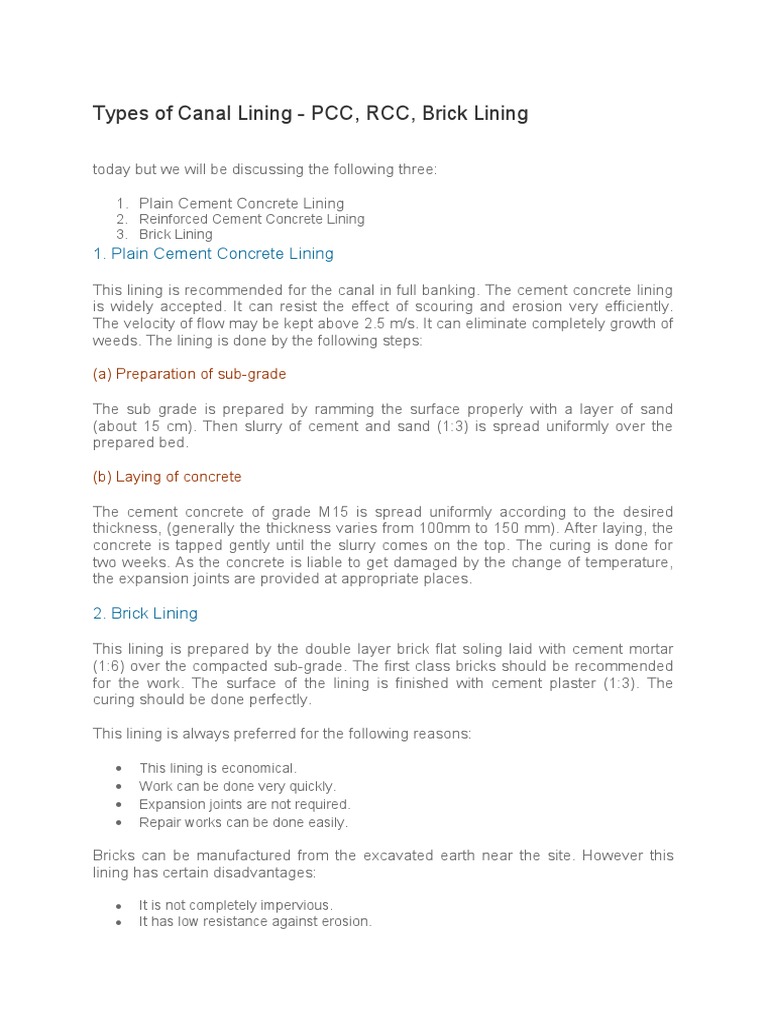 Types of Canal Lining - PCC, RCC, Brick Lining | PDF | Concrete | Brick