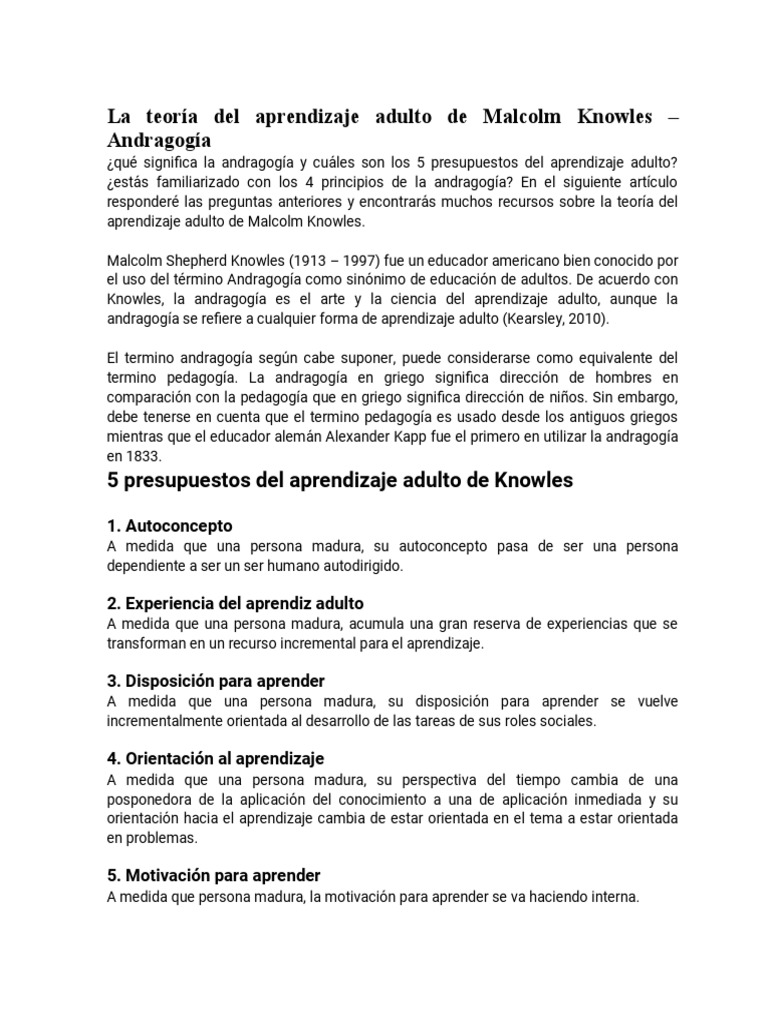 La Teoría Del Aprendizaje Adulto de Malcolm Knowles | PDF | Adultos | Aprendizaje