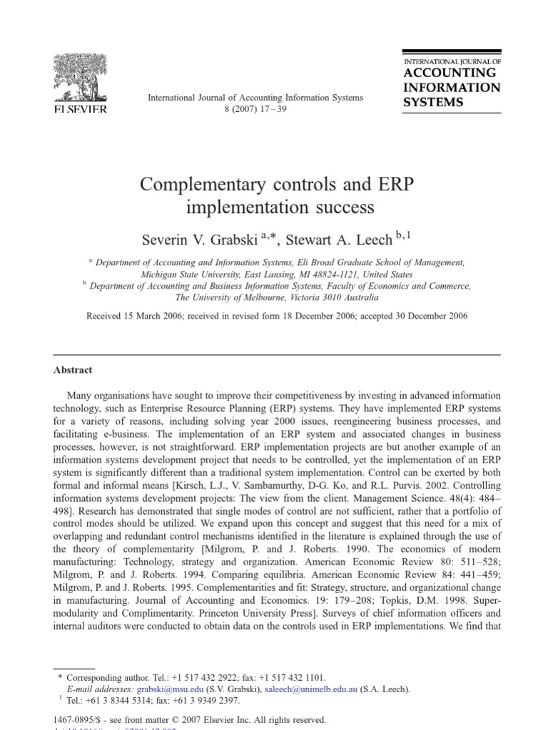 Complementary Controls and ERP Implementation Success | PDF | Internal ...