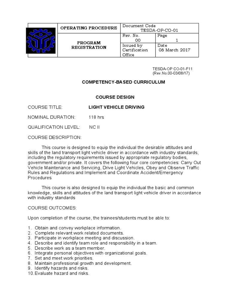 Competency-Based Curriculum: Operating Procedure | PDF | Vehicles ...