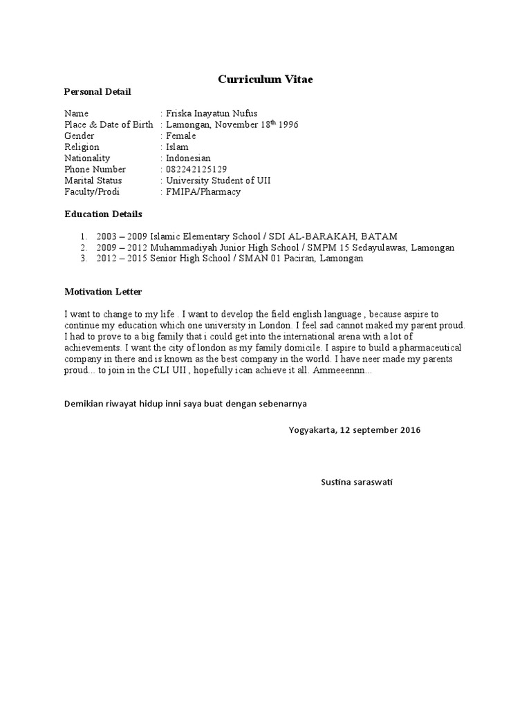 Friska Nufus CV and Motivation Letter | PDF