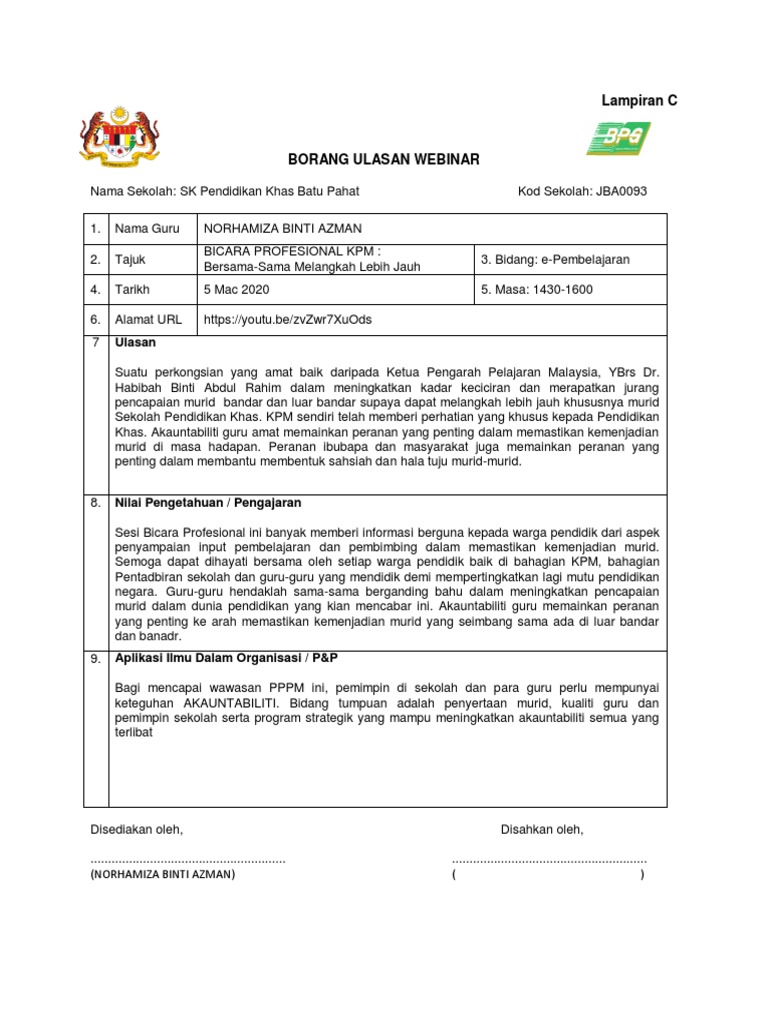 Borang Ulasan Webinar SPLKPM - HAMIZA | PDF