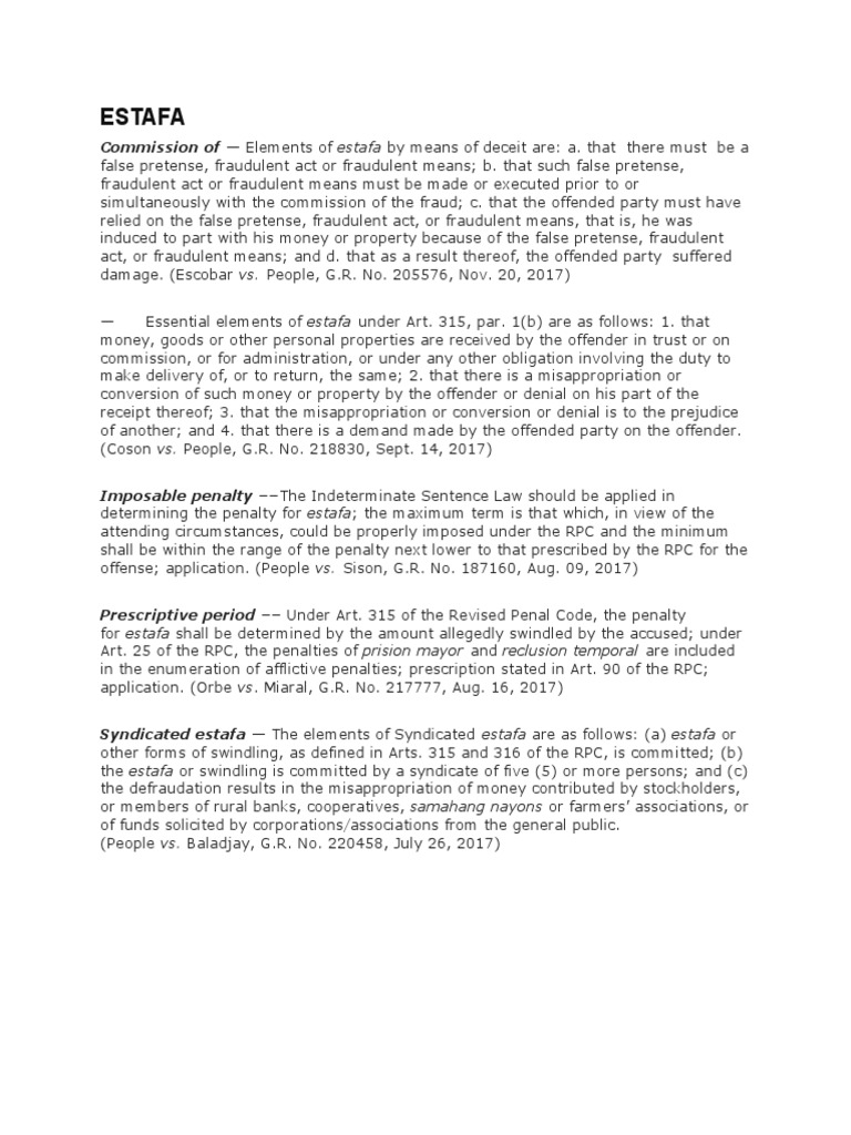 ESTAFA | Download Free PDF | Fraud | Sentence (Law)