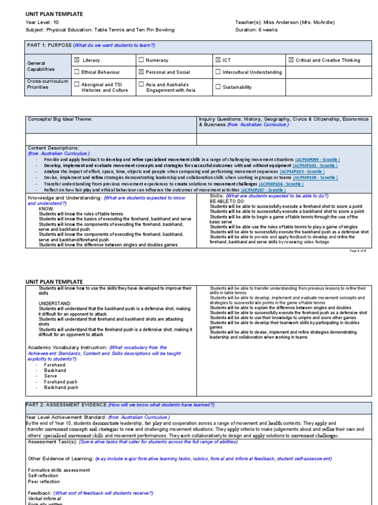 Year 10 Pe Unit Plan | PDF | Table Tennis | Educational Assessment