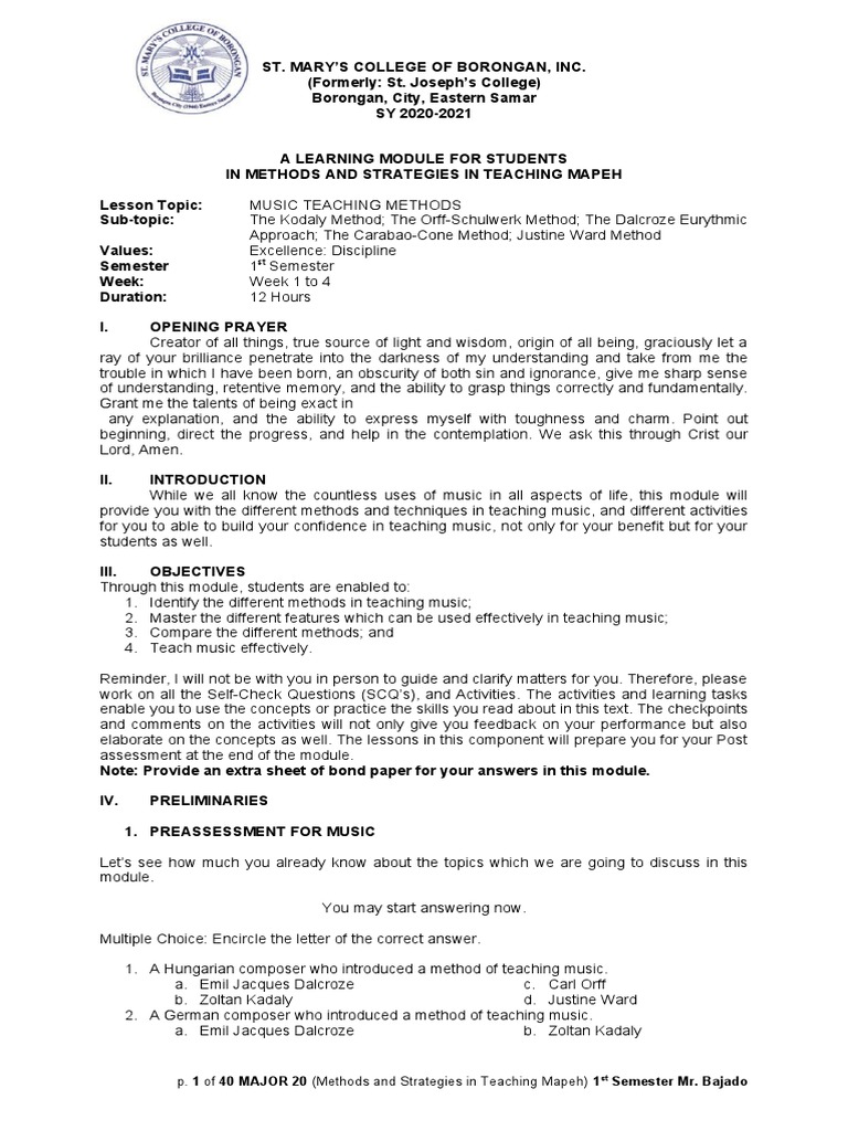 METHODS AND STRATEGIES IN TEACHING MAPEH MODULE 1 - Bajado | PDF ...