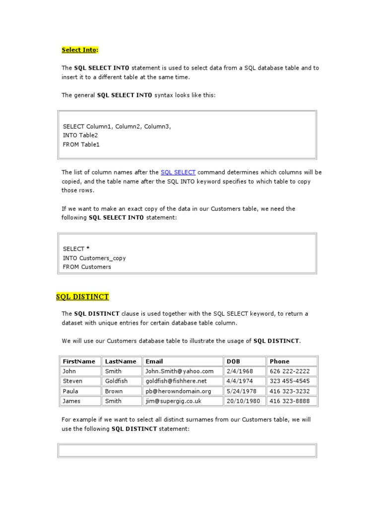 Sql Distinct Select Into Pdf Table Database Oracle Database