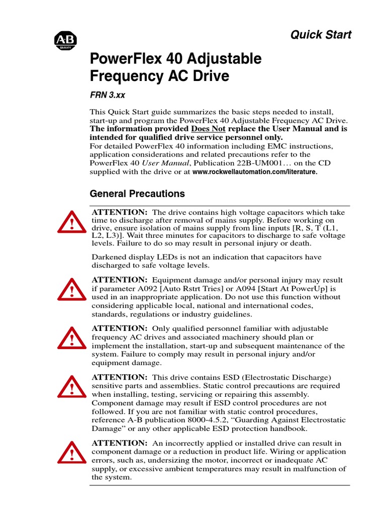 Powerflex 40 Adjustable Frequency Ac Drive: General Precautions ...