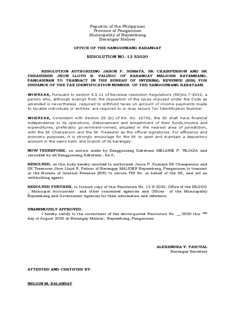 Resolution No. 12 S2020: Republic of The Philippines Province of ...