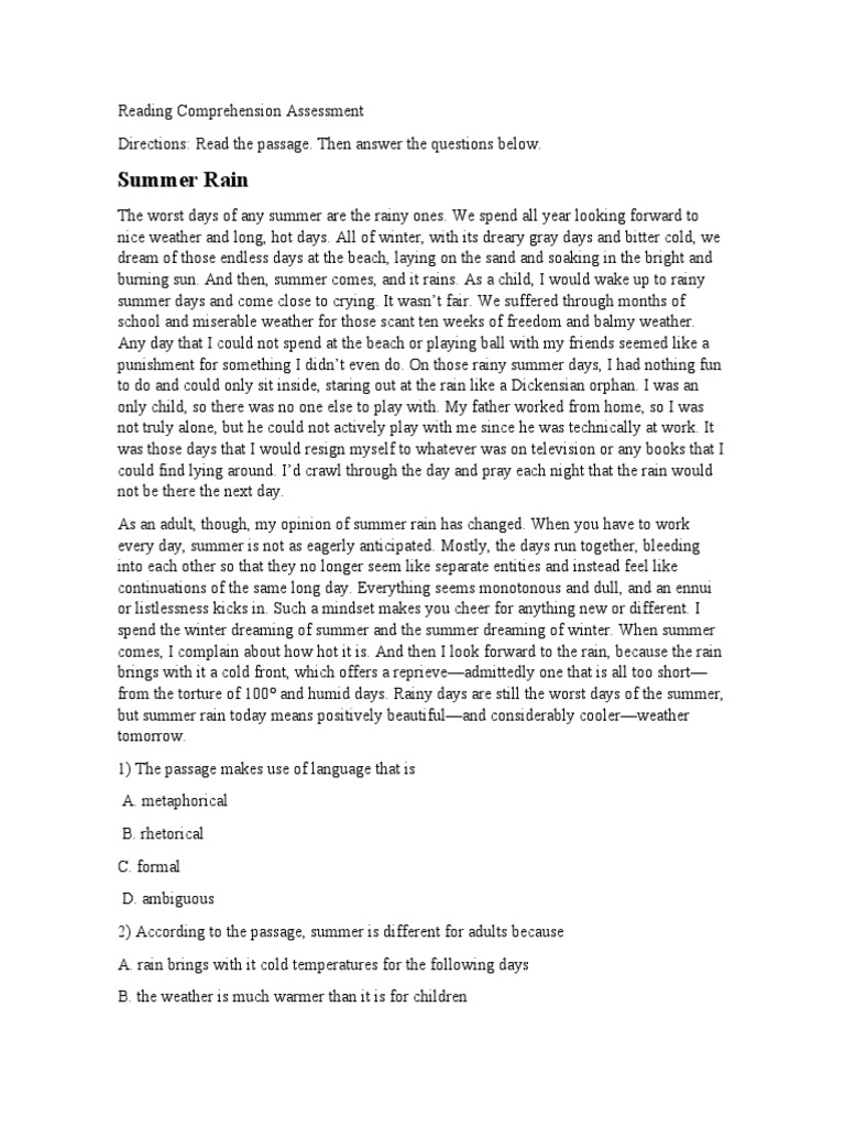 Reading Comprehension Assessment 9 | PDF | Weather