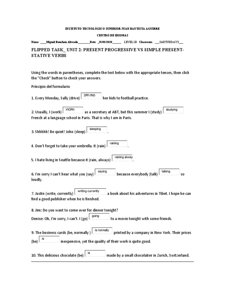 Flipped Task - Unit 2: Present Progressive Vs Simple Present-Stative Verbs | PDF