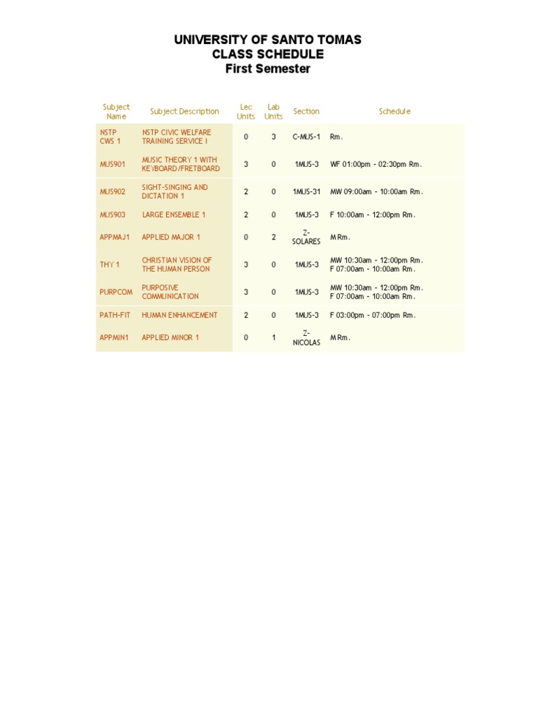 University of Santo Tomas Class Schedule First Semester | Download Free ...