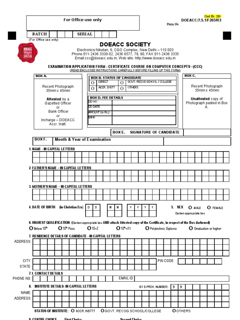 Application for the DOEACC Certificate Course on Computer Concepts (CCC ...