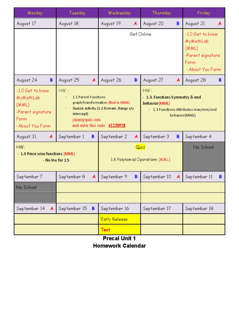Precal Unit 1 Homework Calendar | PDF | Mathematical Relations ...