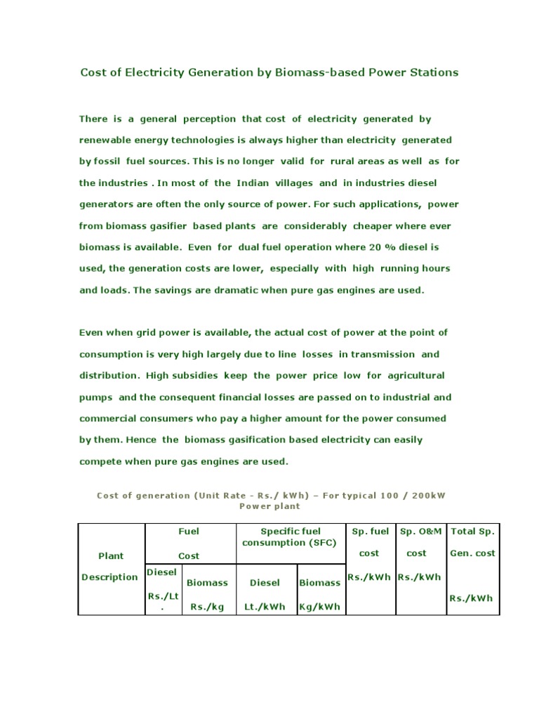 Cost of Electricity Generation by Biomass | PDF