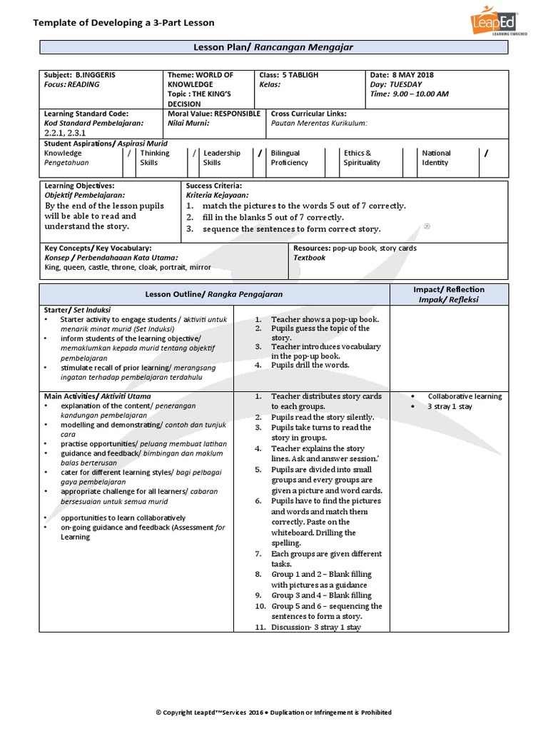 Template of Developing A 3-Part Lesson Lesson Plan/ Rancangan Mengajar ...