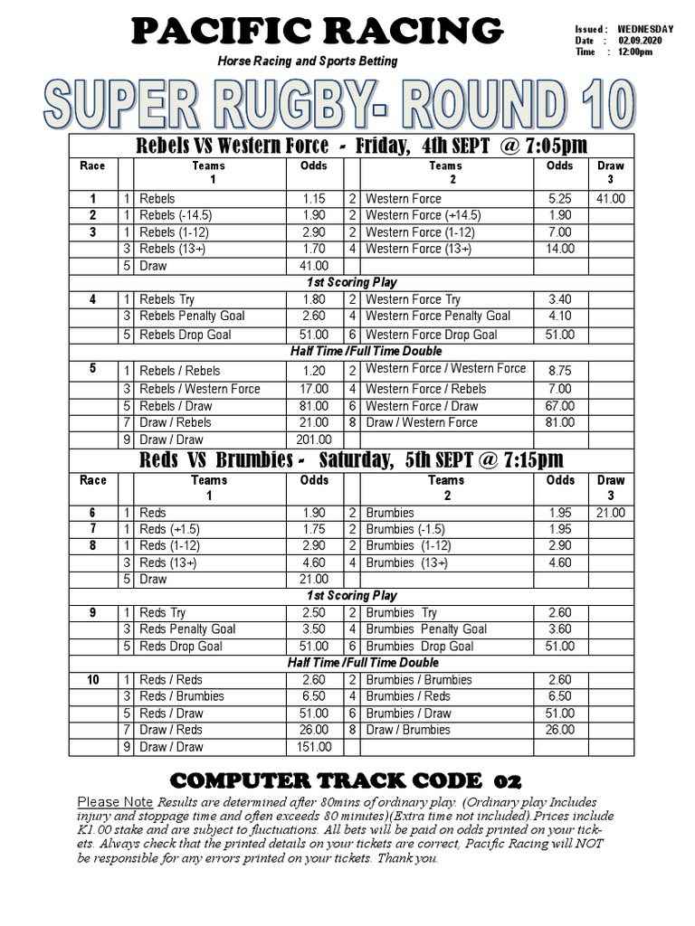 Superrugbyr10 Wednesday-Pacific Racing | PDF | Odds | Association ...