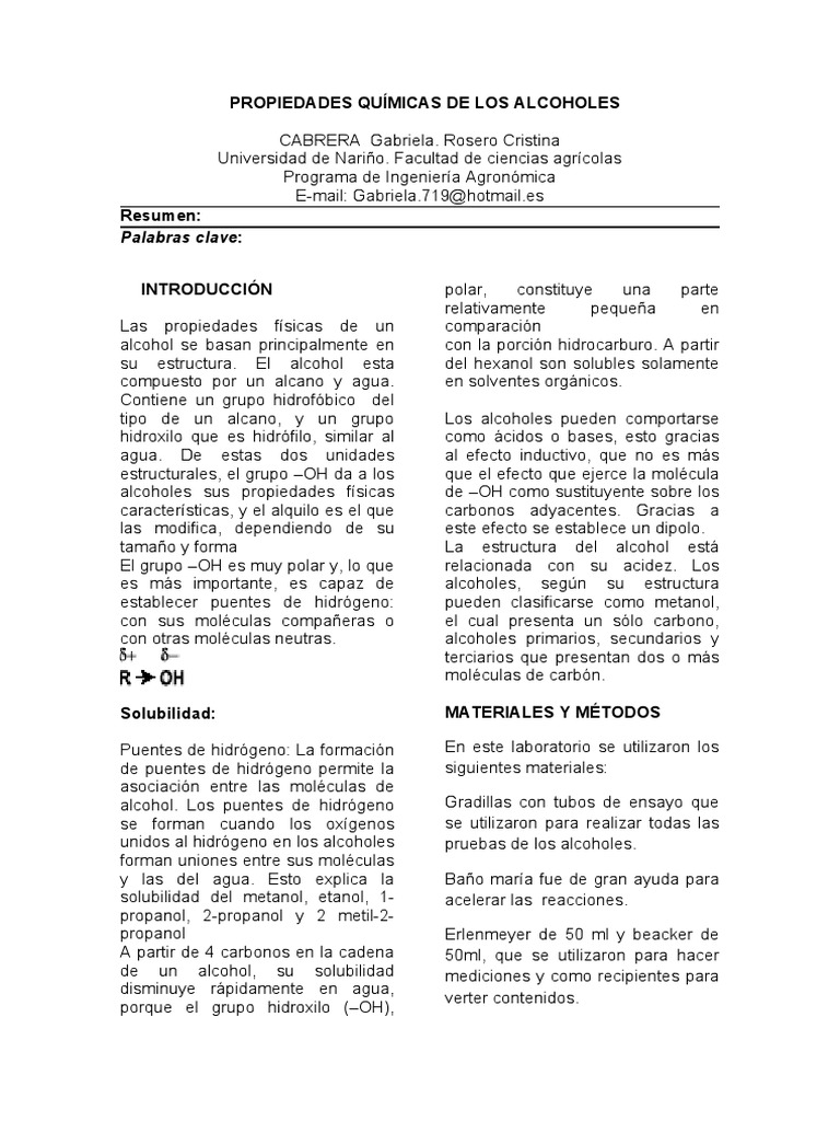 Propiedades Químicas de Los Alcoholes | PDF | Alcohol | Compuestos químicos