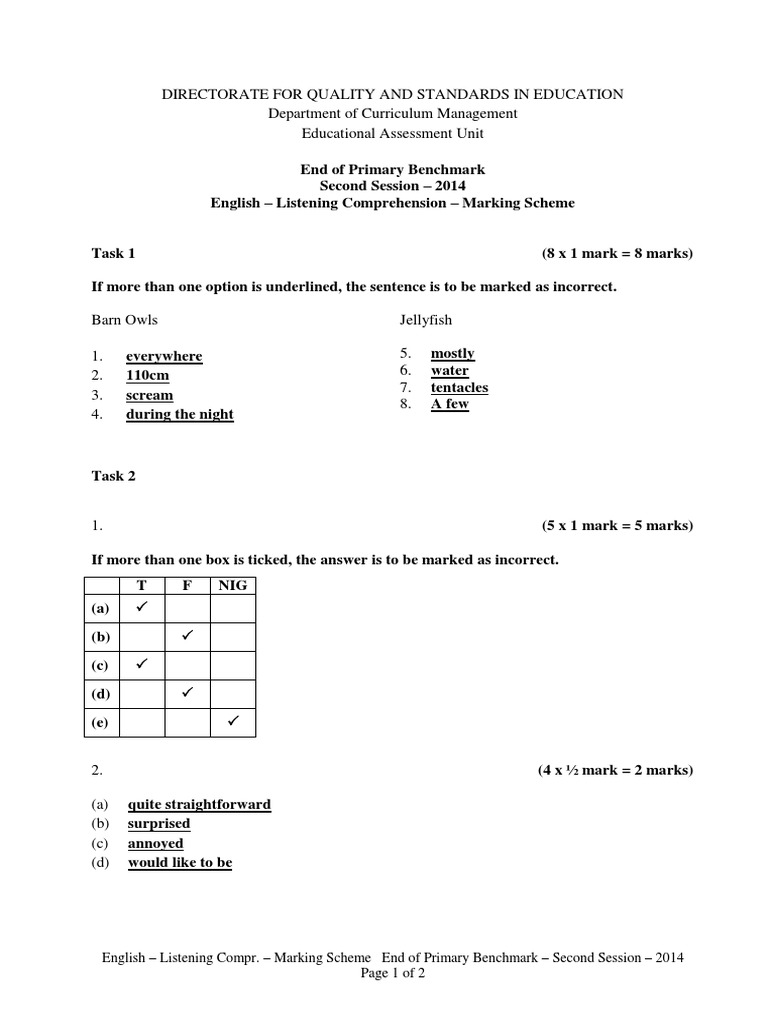 English - Listening Compr. - Marking Scheme End of Primary Benchmark ...