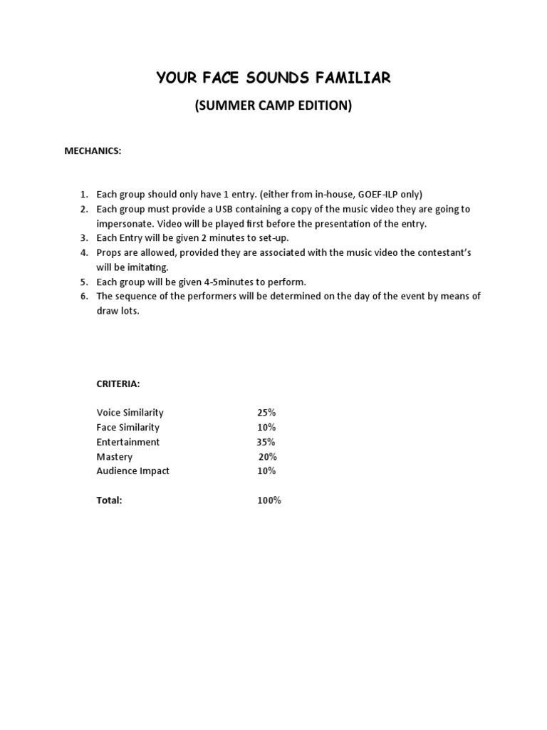 Your Face Sounds Familiar (Summer Camp Edition) : Mechanics | PDF