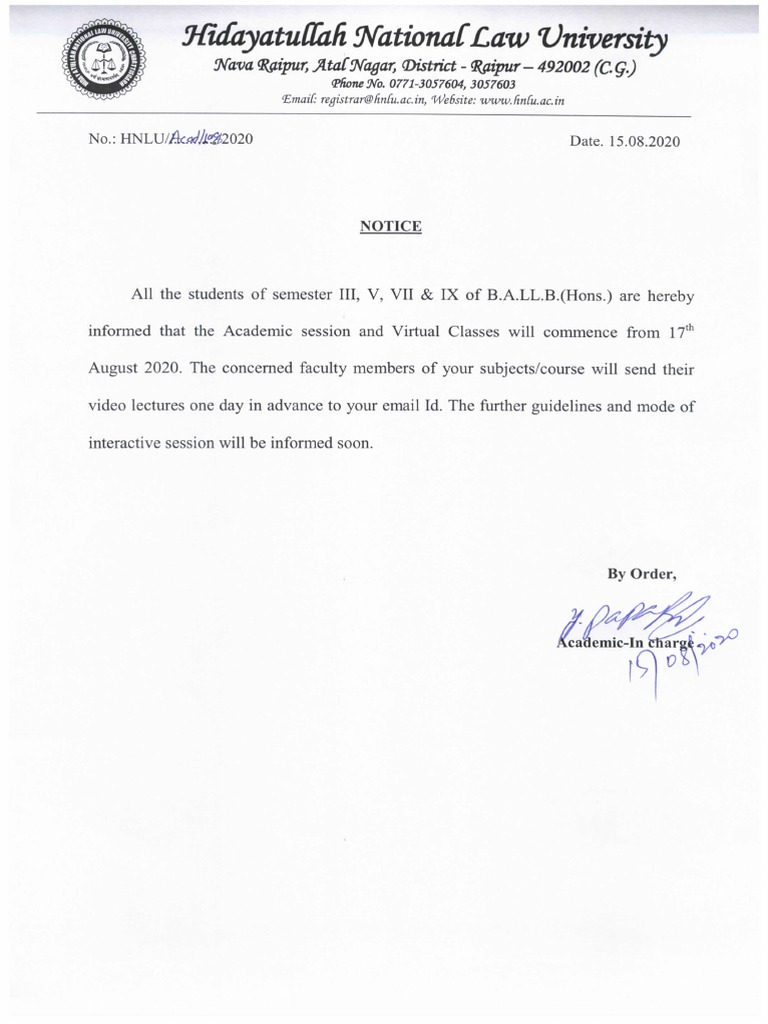 Notice Regarding Commencement of Academic Session | PDF