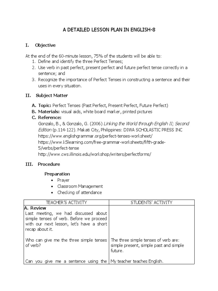 Perfect Tenses Lesson Plan for Grade 8 | PDF | Perfect (Grammar ...