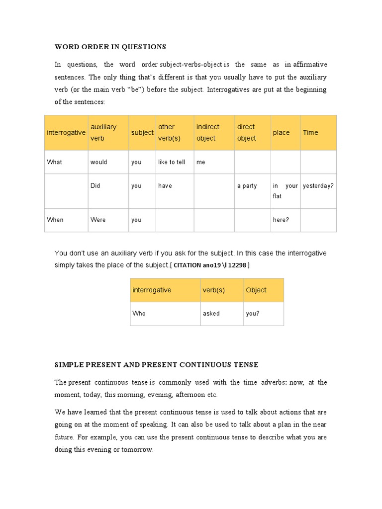 Word Order in Questions | PDF | Object (Grammar) | Verb