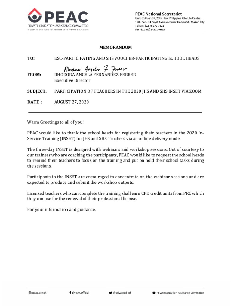2020 INSET Memo For ESC SHS VP School Heads | PDF | Career & Growth ...
