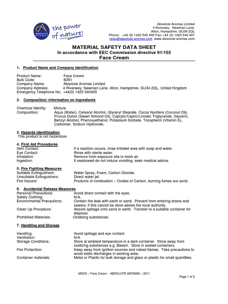 MSDS of Nature Face Cream | PDF | Solubility | Chemistry