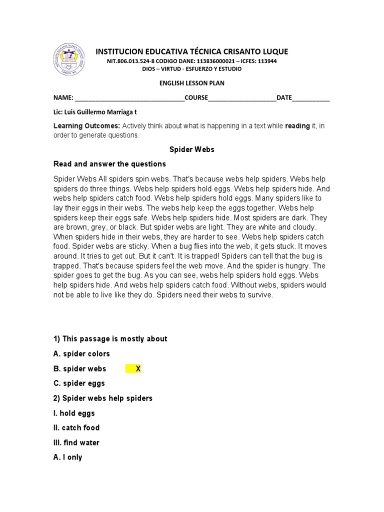 Institucion Educativa Técnica Crisanto Luque: Spider Webs Read and ...