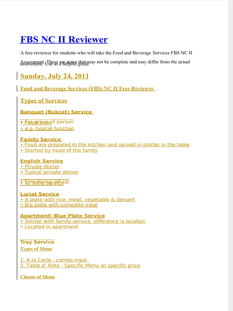 Fbs NC II Reviewerdocx | PDF | Teaspoon | Spoon