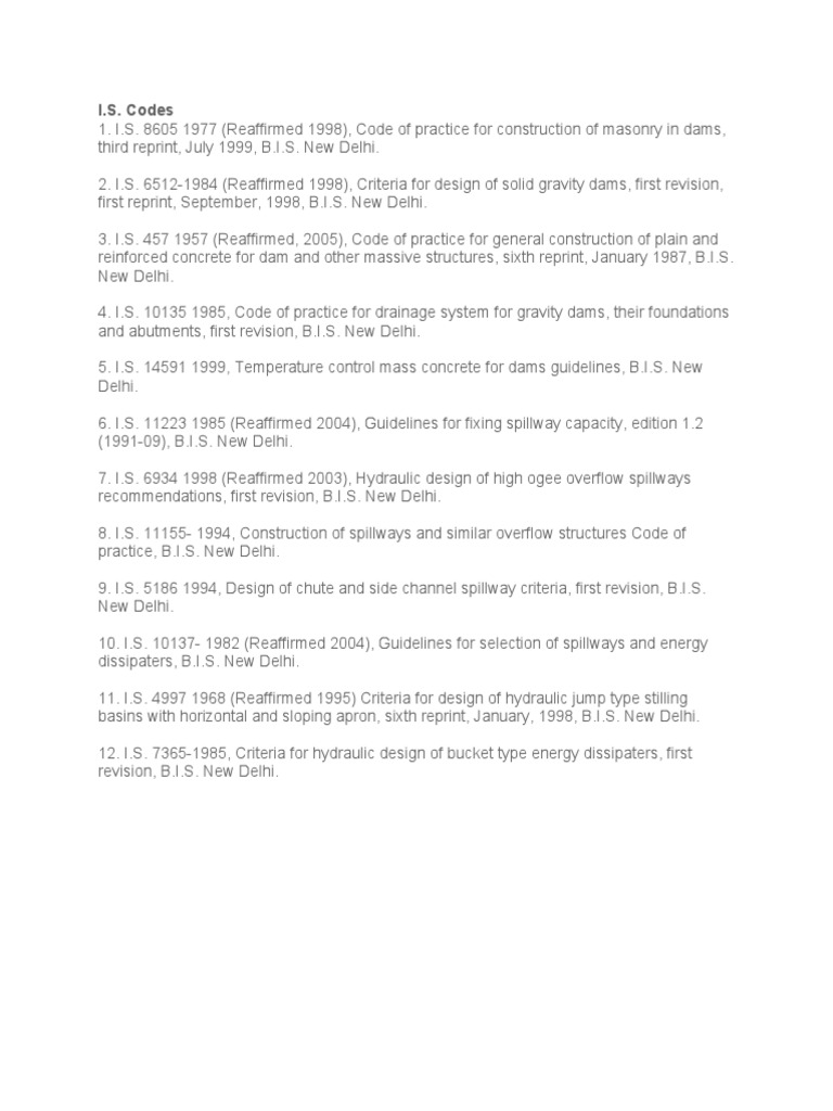 I.S. Codes for Dam Design Standards | PDF | Home & Garden